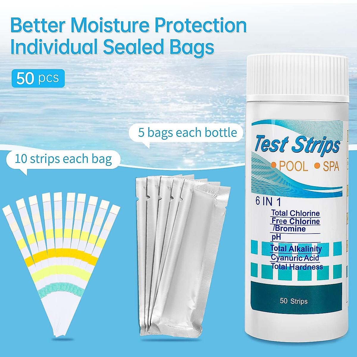 Hankmore 6 in 1 Pool Test Strips 50 Counts Swimming Pool Hot Tub Spa Water Quality Testing for Total Chlorine / Free Chlorine / Bromine / Total Hardness / pH / Cyanuric Acid / Total Alkalinity