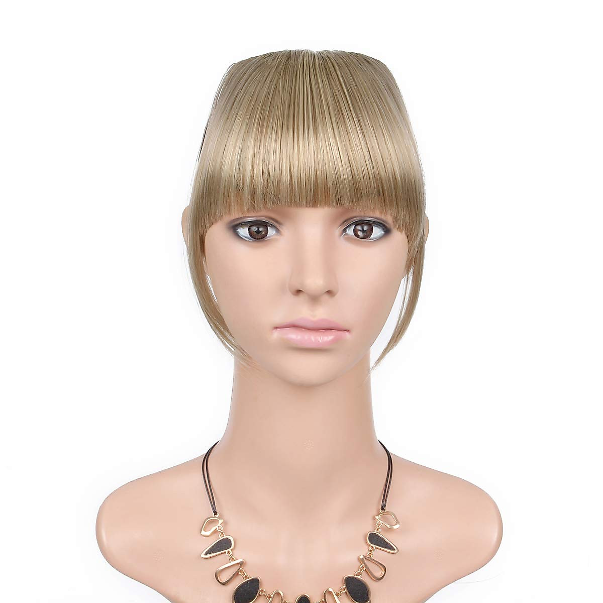 LEEONS Bangs Clip in Hair Extensions Front Neat Bang Fringe One Piece 6" Short Straight Synthetic Hairpiece for Women Dark Ash Brown mix with Bleach Blonde(18/613#)