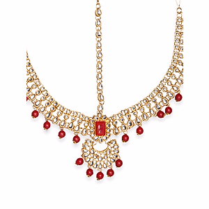 Steorra jewels Traditional Wedding Indian Bollywood Bridal Jewelry Set | Red Long Choker | Necklace, Earrings, Maang Tikka, Nath Paasa & Hath Phool in Faux Kundan Beads