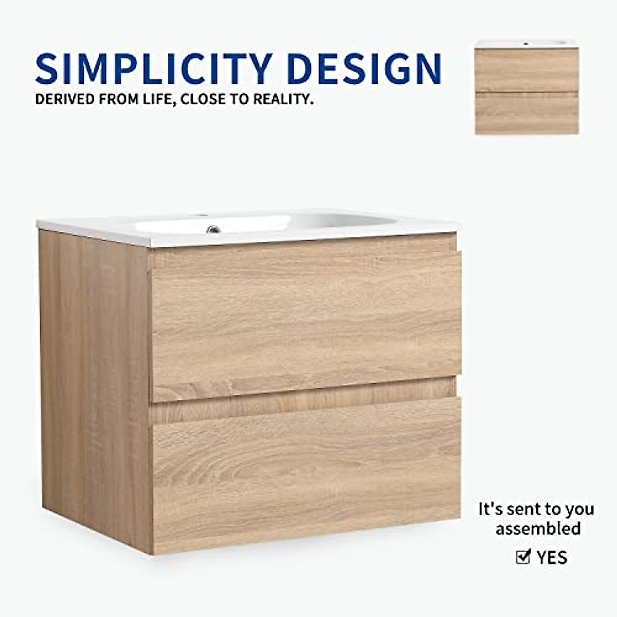 Kootlena Wall Mounted Bathroom Vanity with Sink Combo, Modern 24" Bathroom Vanity Set with Top Basin & 2 Storage Drawers, Floating Bath Storage Cabinet w/Gel Sink
