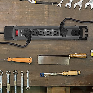 Digital Energy 25-FT 7 Outlet Metal Surge Protector Power Strip 14 AWG Extension Cord, 1350 Joules, Heavy Duty Workshop Mountable Built in Cord Management, Grey