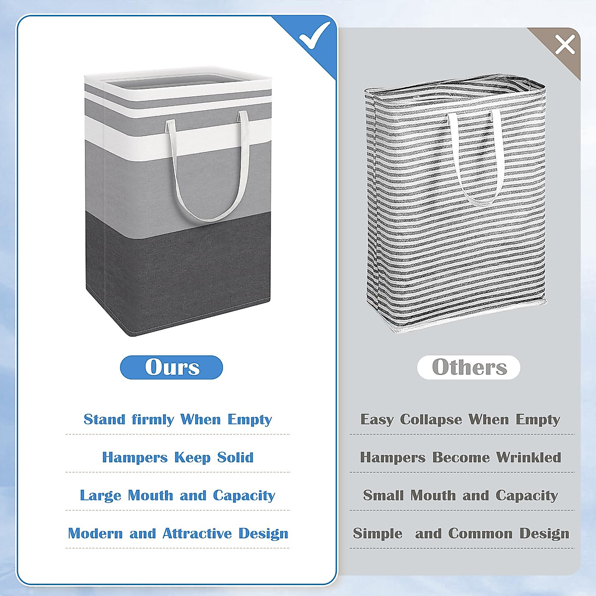 BlissTotes 3-Pack Laundry Basket, Freestanding＆Waterproof Laundry Hamper, Collapsible Tall Clothes Hamper with Easy Carry Handles for Clothes, Towels in the Family and Dorm,Gradient Grey,75L