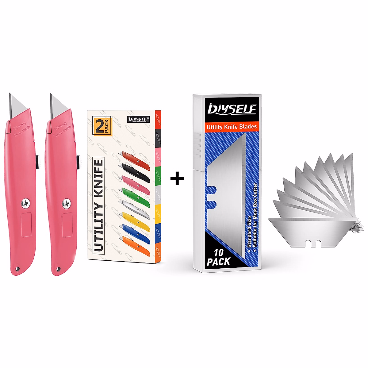 DIYSELF 2 Pack Box Cutter Retractable with 10 Pack Utility Knife Blades, Sharp SK5 Steel Utility Blades, Box Cutters for Cardboard, Paper, Carton(Pink)