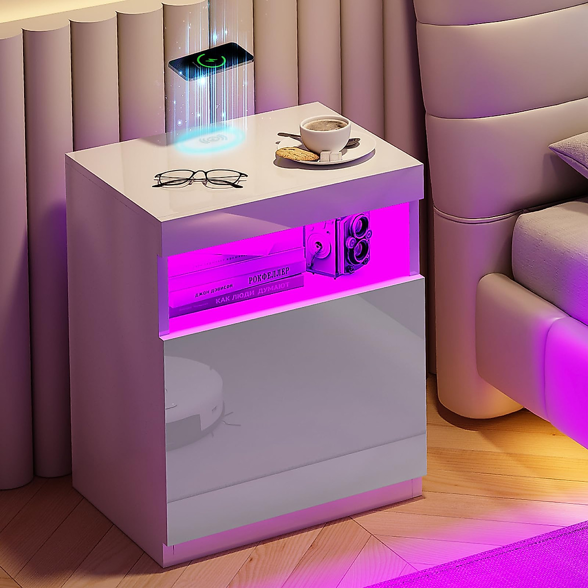AMERLIFE Modern Nightstand Set of 2, LED Nightstand with Wireless Charging Station, High Glossy Bedside Table Cabinet with Remote Control, End Tables, 24.4" Bedroom Furniture, White