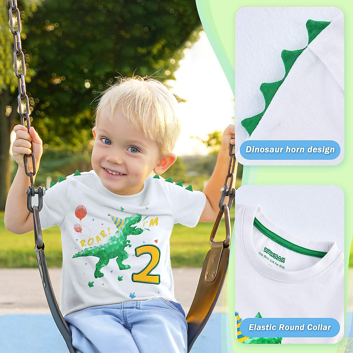 WAWSAM 2nd Birthday Boy Shirt Dinosaur Birthday T-Shirt 2 Year Old Toddler Dinosaur Outfit Cotton White Dino Party Shirt