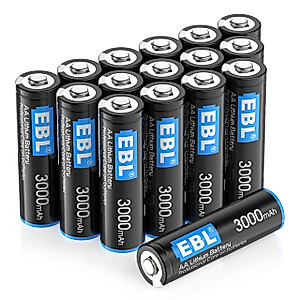EBL 16 Pack AA Lithium Batteries 3000mAh 1.5V - High Performance Constant Volt Double A Battery for Blink Security System Flashlight Toy【Non-Rechargeable Batteries】