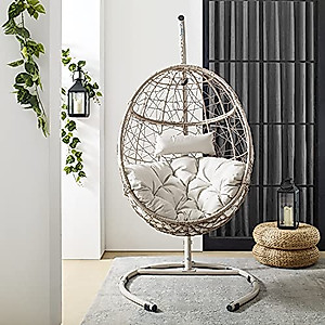 Crosley Furniture KO70230LB Cleo Indoor/Outdoor Wicker Hanging Egg Chair with Stand, Light Brown with Sand Cushions