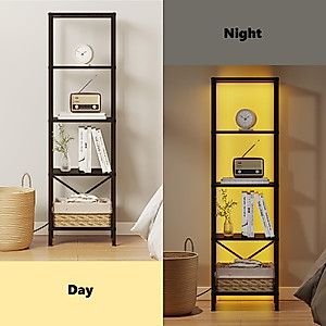 JARHETUN 5-Tier Bookshelf, Tall Narrow Bookcase with LED Lights, Book Shelf with Steel Frame, Display Storage Shelf for Living Room, Bedroom, Home Office, Study, Balcony, Black