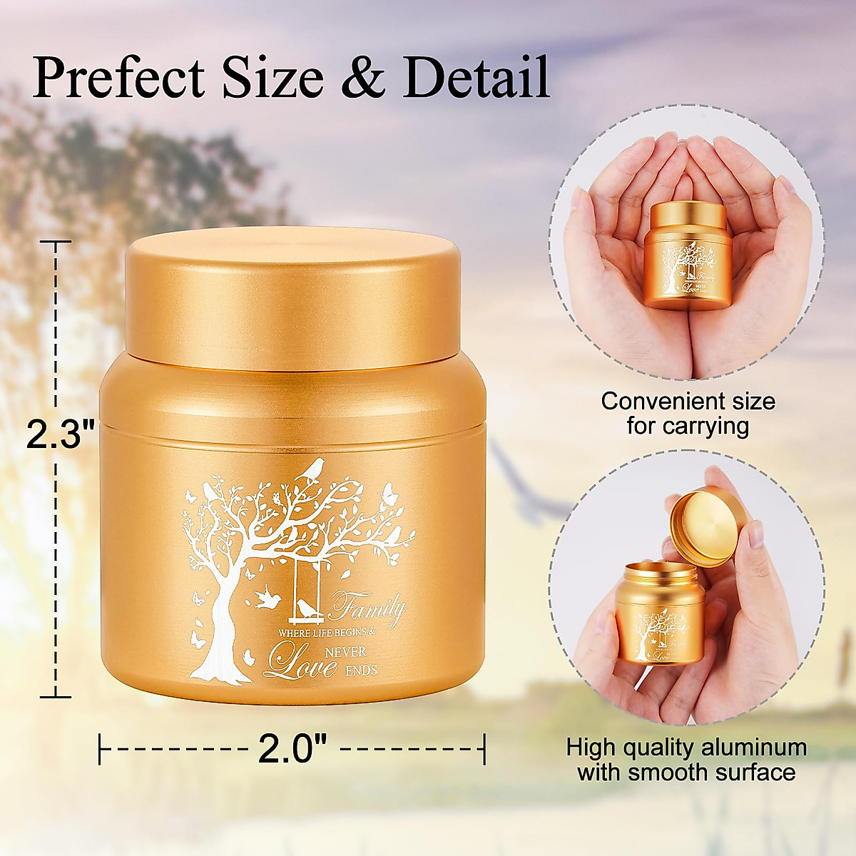 8 Cubic Inch Small Urns for Human Ashes, Aluminum Mini Urns for Ashes Keepsake Urns Tree of Life Cremation Decorative Urns Small Ashes Holder for Women Men Pet Ashes (Gold)