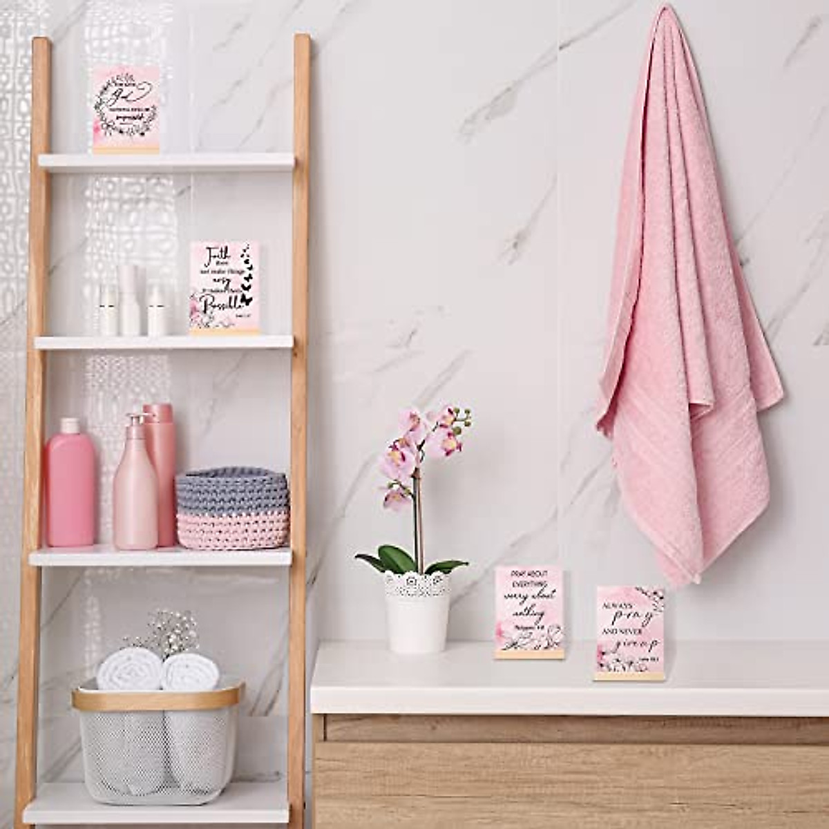 4 Pieces Inspirational Quotes Desk Decor Christian Home Decors Pink Motivational Bible Wood Block Plaque Table Signs Decorative Table Sign Centerpiece for Women Desk Office Decor Gift for Girls