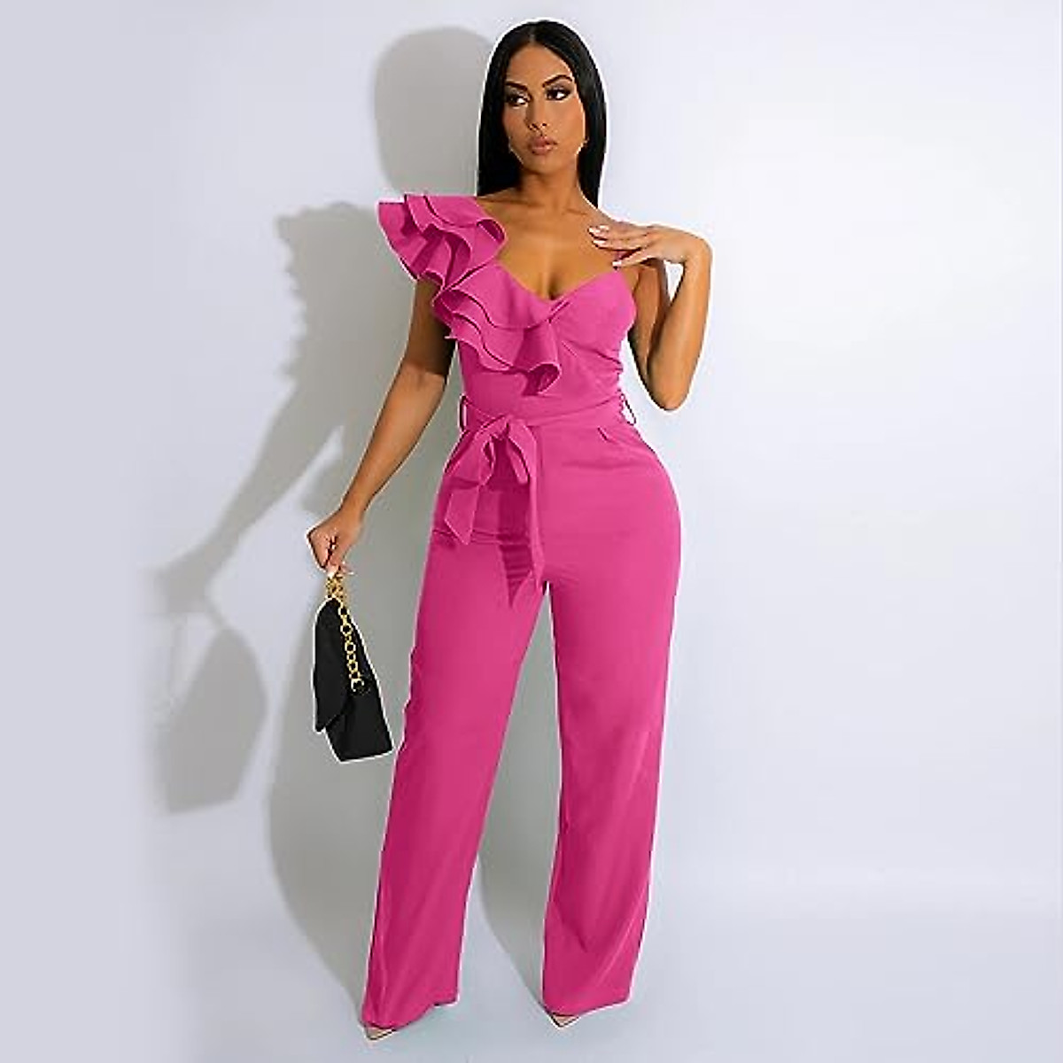 kaimimei Womens Casual Jumpsuits V-Neck Sleeveless Ruffle Backless Belted Wide Leg Pant Sexy Romper Party Clubwear Barbie Pink L