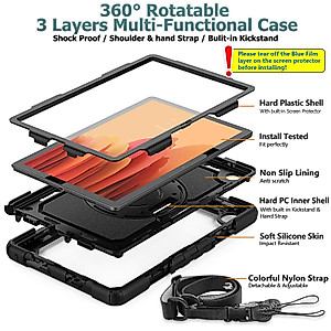 SEYMAC stock Case for Samsung Galaxy Tab A7 10.4 2022/2020 (T503/T509/T500/T505/T507) with Screen Protector, 360 Rotating Stand & Hand Strap, Drop-Proof Case, Black