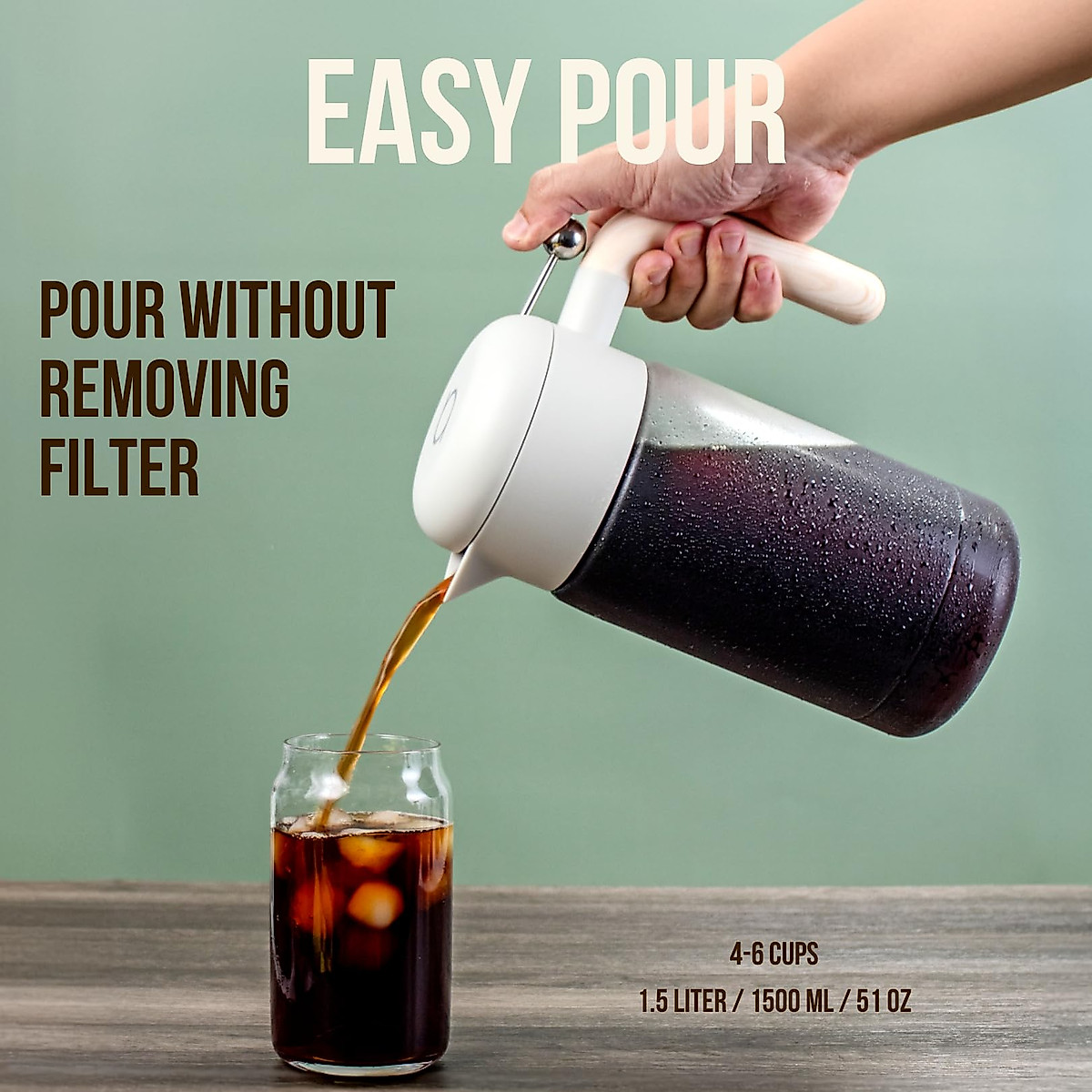 LAFEECA Cold Brew Coffee Maker - Iced Tea Brewer with Airtight Lid - Stainless Dual Ultra Filter - Tritan Pitcher - 1500 ml / 51 oz - Dune