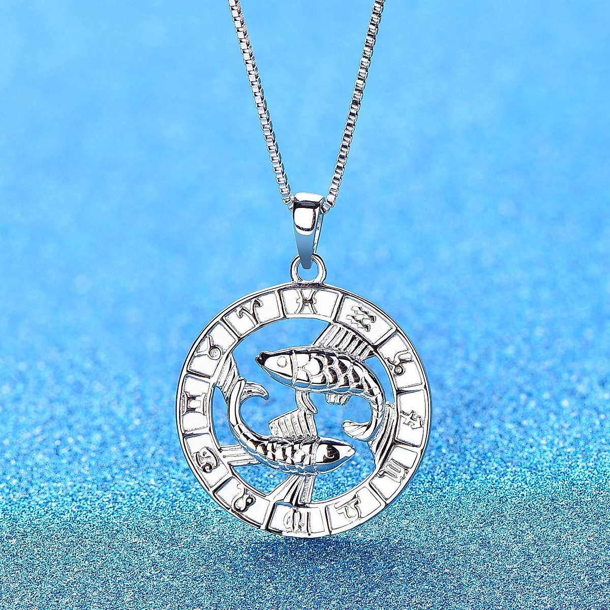 YL Pisces Constellation Necklace Sterling Silver Zodiac Jewelry Astrology Coin Horoscope Pendant for Women