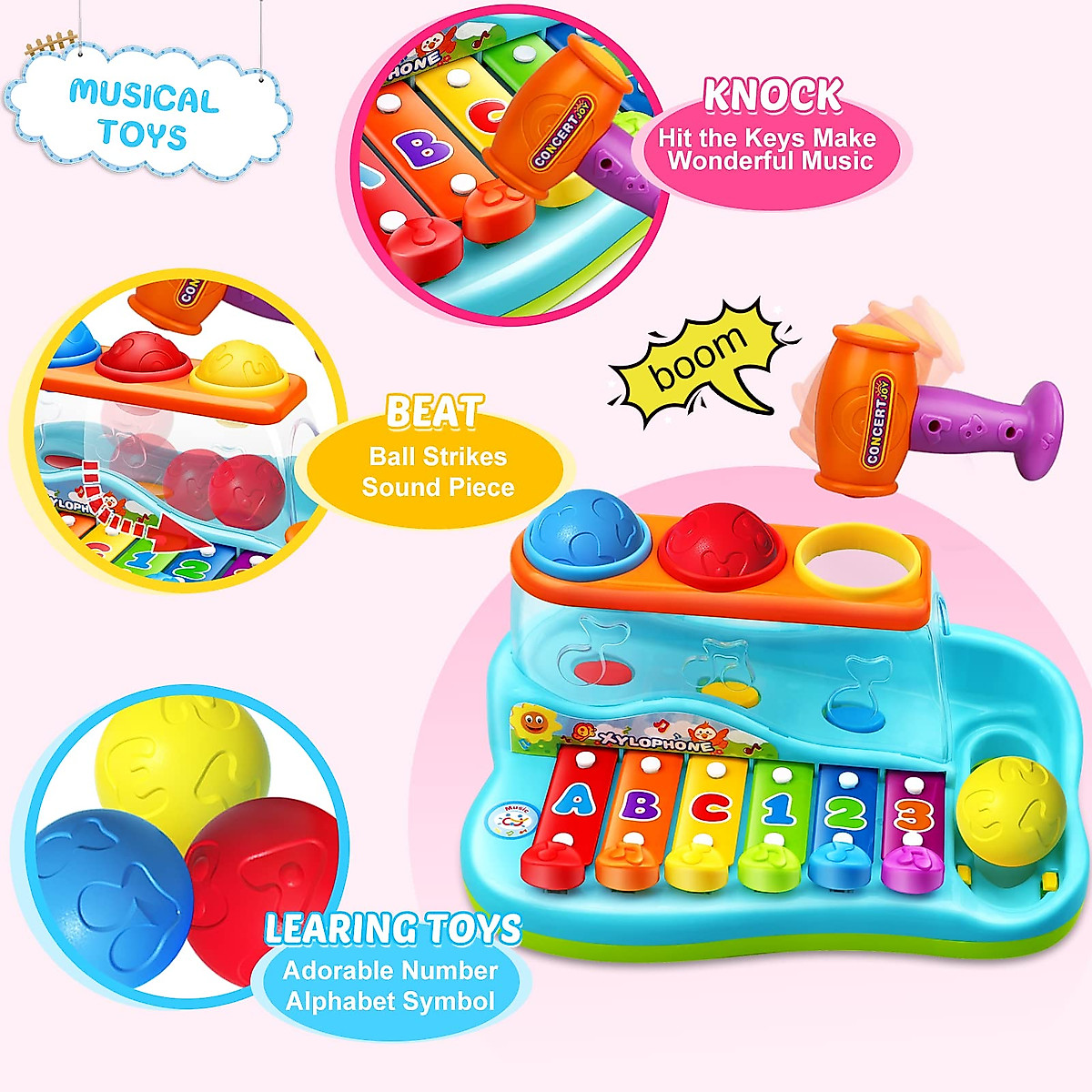 NVHH Baby Toys 12-18 Months Hammer Pounding Xylophone Kids Gifts for 1 2 3+ Year Old Boys Girls, Early Educational with Music Balls, Christmas Birthday Toys for 6 to 12 Months