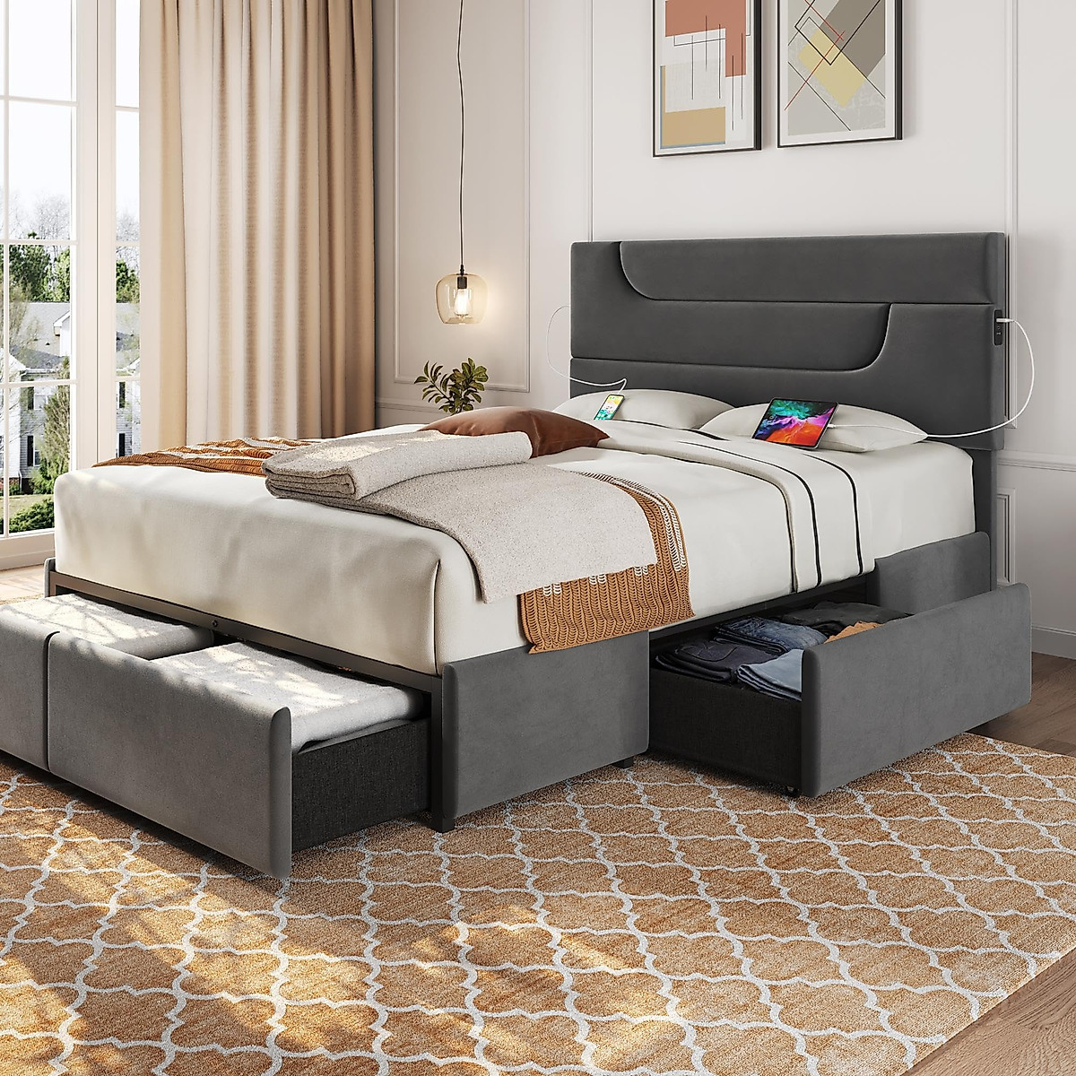 Yaheetech Queen Bed Frame Upholstered Platform Bed with USB Charging Station/4 Storage Drawers/Streamlined Headboard/Mattress Foundation/No Box Spring Needed/Strong Wooden Slats, Dark Gray Queen Bed