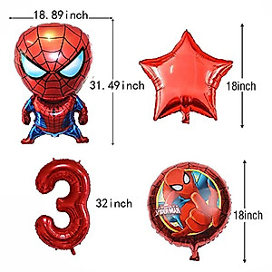 6PCS Superhero Spiderman-themed 3rd Birthday Decorations Red Number 3 Balloon 32 Inch | The Spiderman Birthday Balloons for Kids Birthday Baby Shower Party Decorations (Spiderman3rd Birthday)