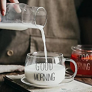 HOMEYES Glass Coffee Cups Clear Glasses Mug Tumbler for Drinking Beer Tea Water (Good Morning)