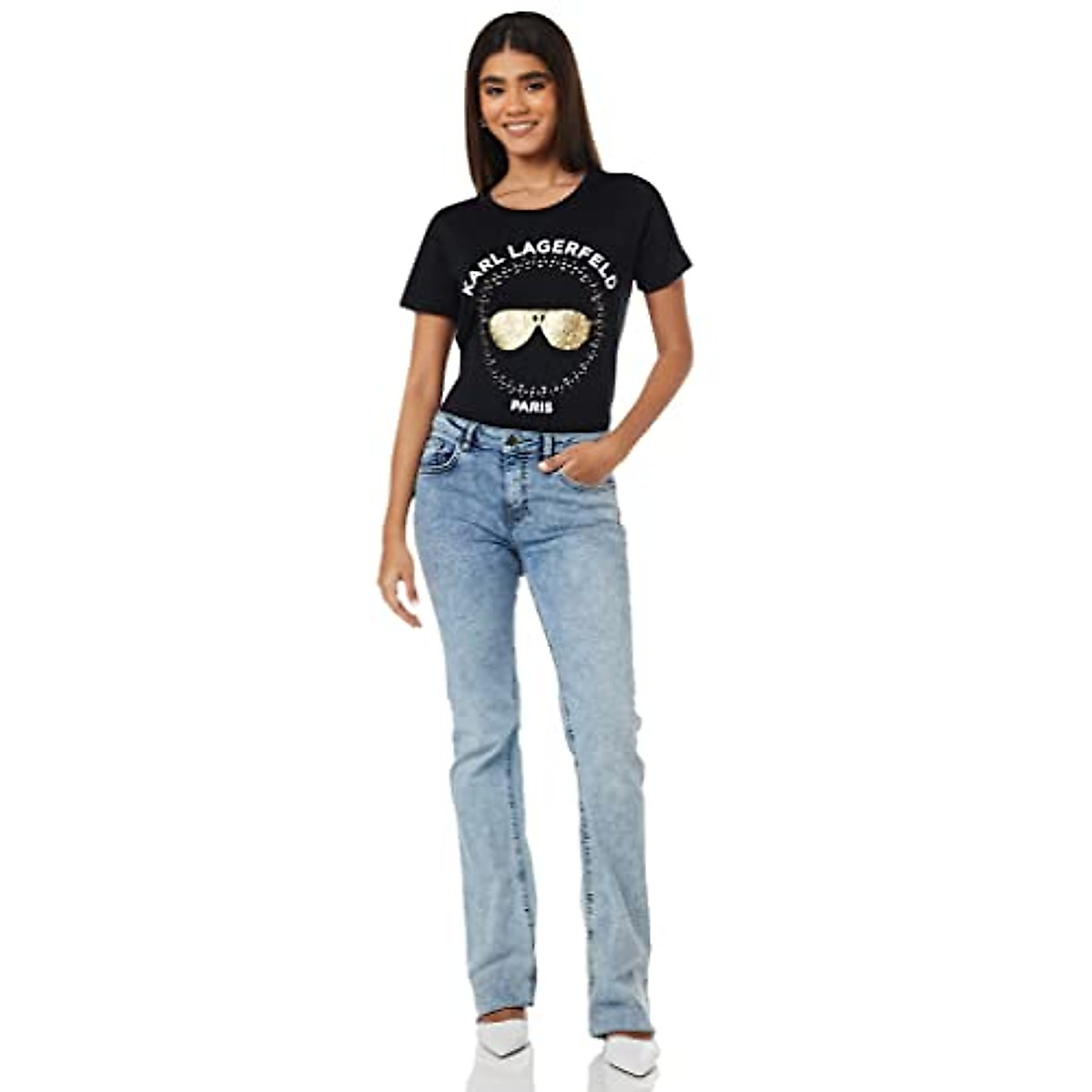 Karl Lagerfeld Paris womens Short Sleeve Sequin Sunglass Tee T Shirt, Sequin Sunglass Black, Medium US