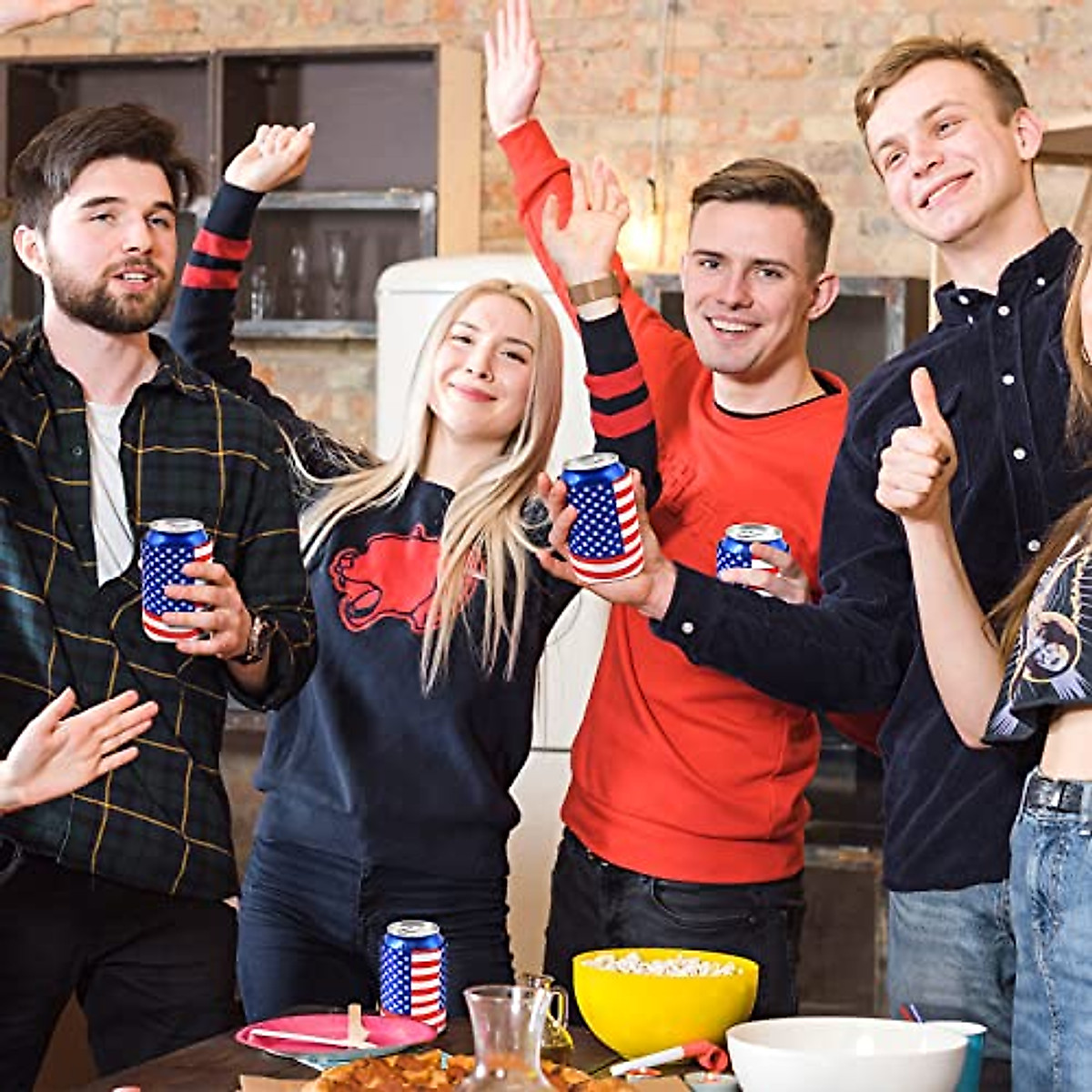 6 Pack American Flag Beer Can Cooler Sleeves 4th of July Decorations, 5.1 x 3.9 Inch Insulated Collapsible USA Pattern Drink Cooler Sleeves for 12 oz Cans and Bottles, Memorial Day Independence Day