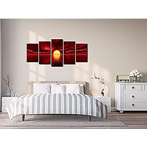 Wieco Art Red Sun Canvas Prints Wall Art Ocean Sea Beach Pictures Paintings Ready to Hang for Living Room Bedroom Home Decorations Modern 5 Piece Stretched and Framed Grace Landscape Giclee Artwork
