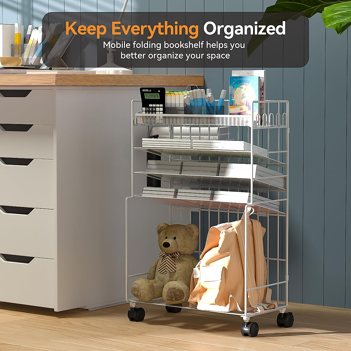 FIROK Rolling Bookcase with Wheels,Heavy Duty Mobile Bookshelf Storage Cart for Students, Metal Frame Book Shelf Organizer for Home,Office,Living Room - White