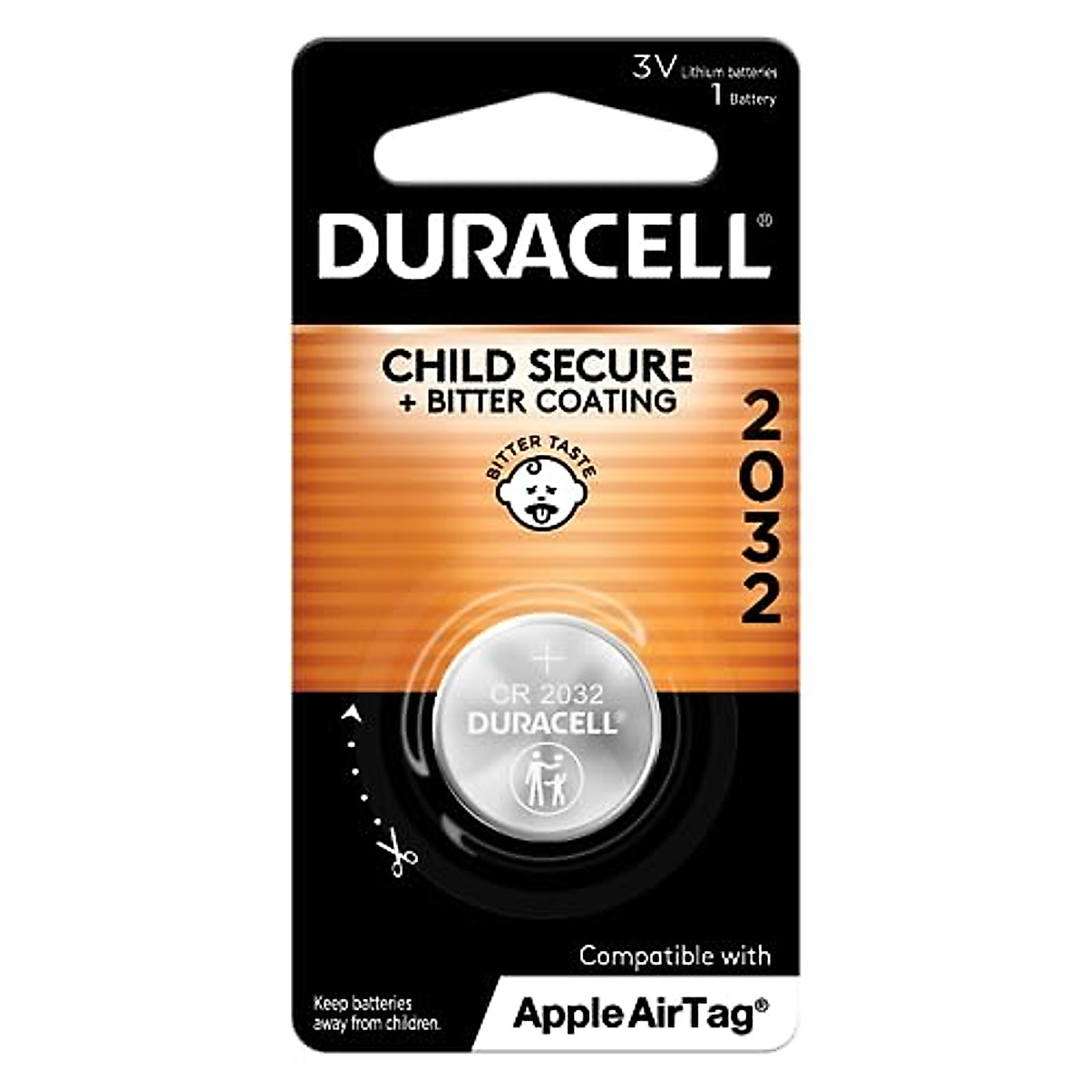 Duracell 2032 Lithium Battery. 1 Count Pack. Child Safety Features. Compatible with Apple AirTag, Key Fob, and other devices. CR2032 Battery Lithium Coin Battery. CR Lithium 3V Cell