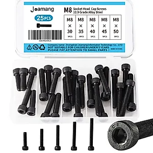 Joamang M8 x 30mm 35mm 40mm 45mm 50mm Hex Socket Head Cap Screws Bolts, 12.9 Grade Alloy Steel, Black Oxide Finish, Metric Allen Hex Drive, Fully Threaded, Assortment Kit 25Pcs