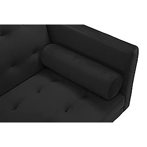 Velvet Futon Sofa Bed with 5 Golden Metal Legs, Sleeper Sofa Couch with Two Pillows, Convertible Loveseat for Living Room and Bedroom (Black)