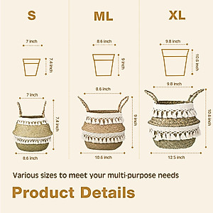 Wesiti Set of 3 Boho Seagrass Belly Basket Natural Storage Plant Basket Plant Pot Woven Plant Basket with Handles and Tassels for Living Bathroom Laundry Toy Grocery Storage, Small, Medium and Large