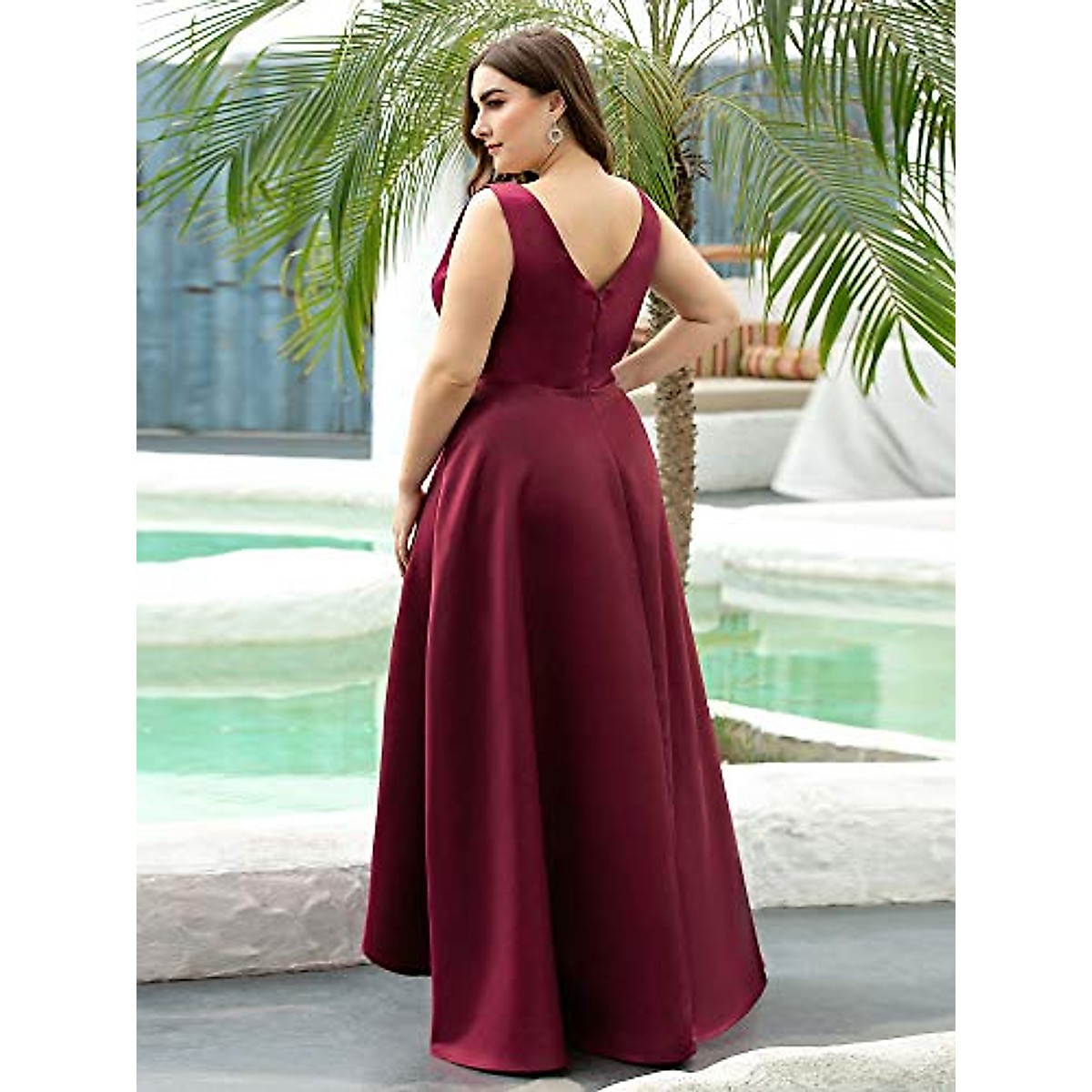 Ever-Pretty Women's V-Neck High Low Gown Cocktail Plus Size Evening Gowns Formal Dress Burgundy US20