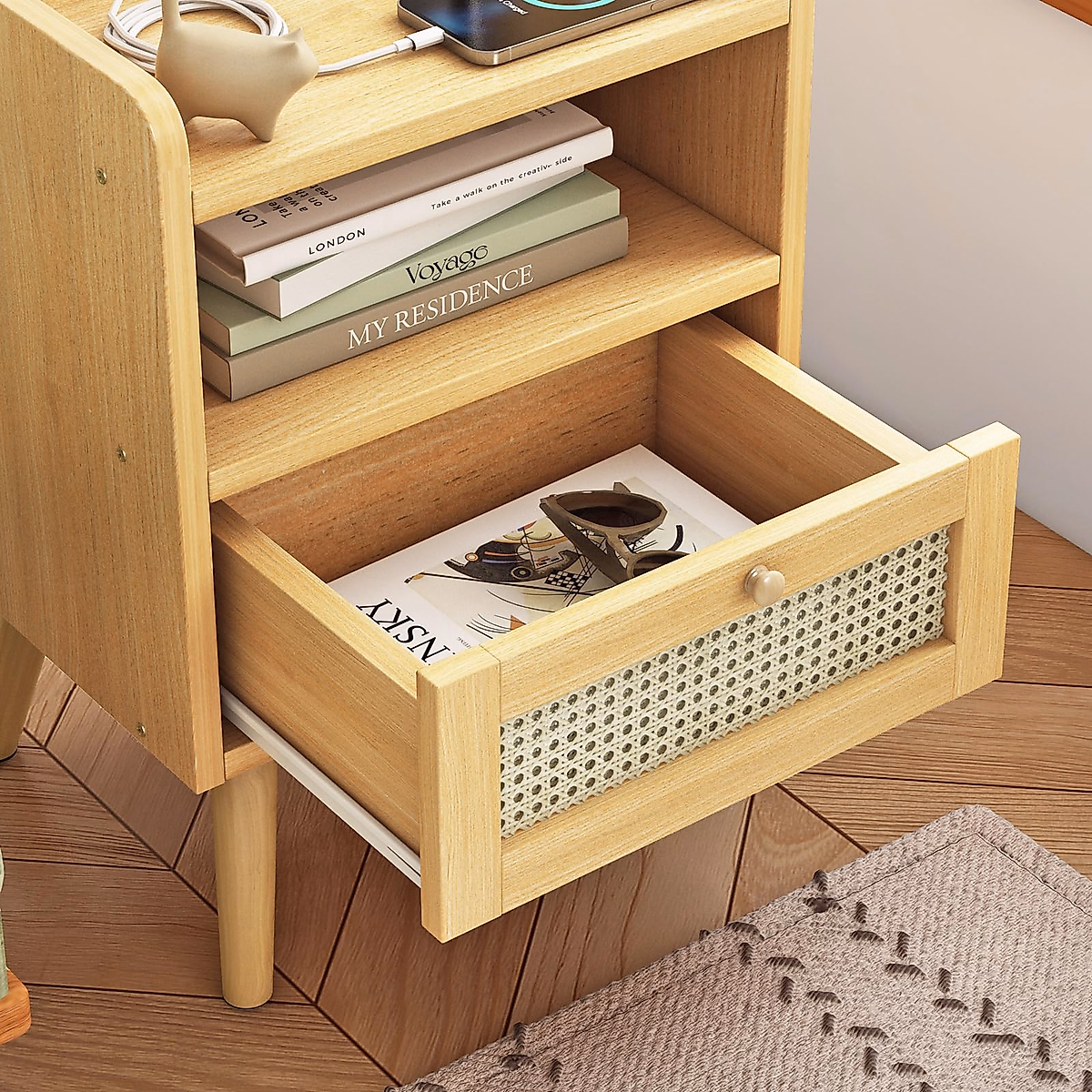 Fixwal Nightstands Set of 2 with Charging Staion, Night Stand with Rattan Decor Drawer, Open Storage Side Table Bedside Table with Solid Wood Feet for Bedroom, Natural