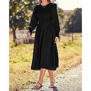 dowerme Women Casual Petal Long Sleeve Crewneck Smocked A-Line Flowy Solid Maxi Dress Fall Winter Party Cocktail Dresses(Solid Black,Large)