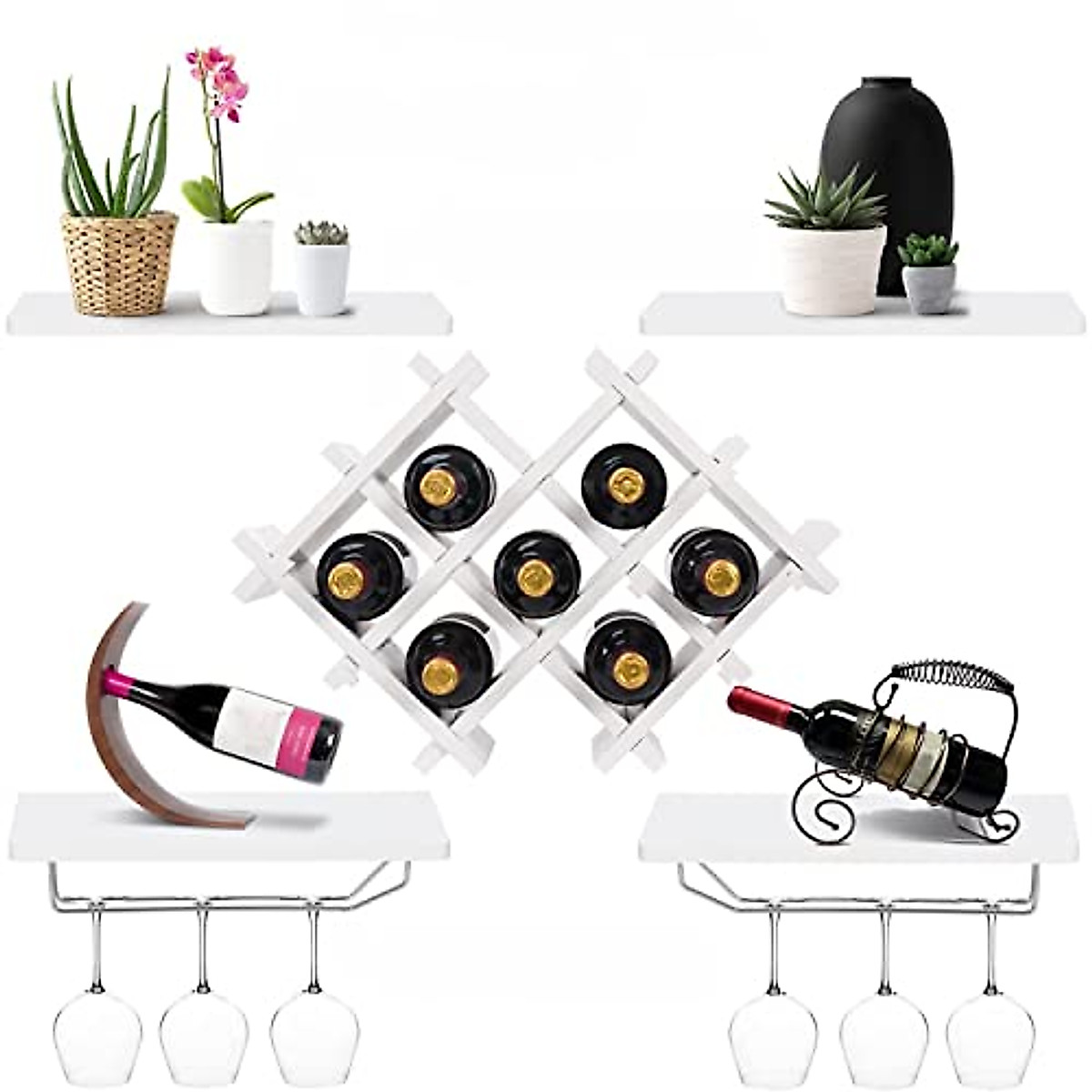Wine Rack Wall Mounted, Wall Mount Wine Rack with Wine Glass Holder, Wall Holder White Floating Wine Shelf Holder with 8 Wine Bottle Holders for Home Kitchen