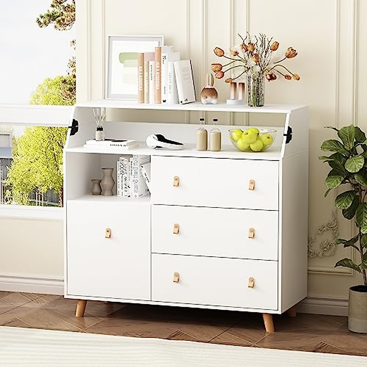 DAWNSPACES 45 Inch Baby Changing Table Dresser, 2 in 1 Convertible Nursery Dresser Chest for Infants with 4 Drawers & Shelf, Storage Changing Station Dresser, White
