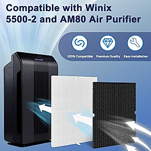 116130 Replacement Filter H for Winix 5500-2 and AM80 Air Purifier, 2 Set HEPA Filter and Activated Carbon Filter Combo Pack