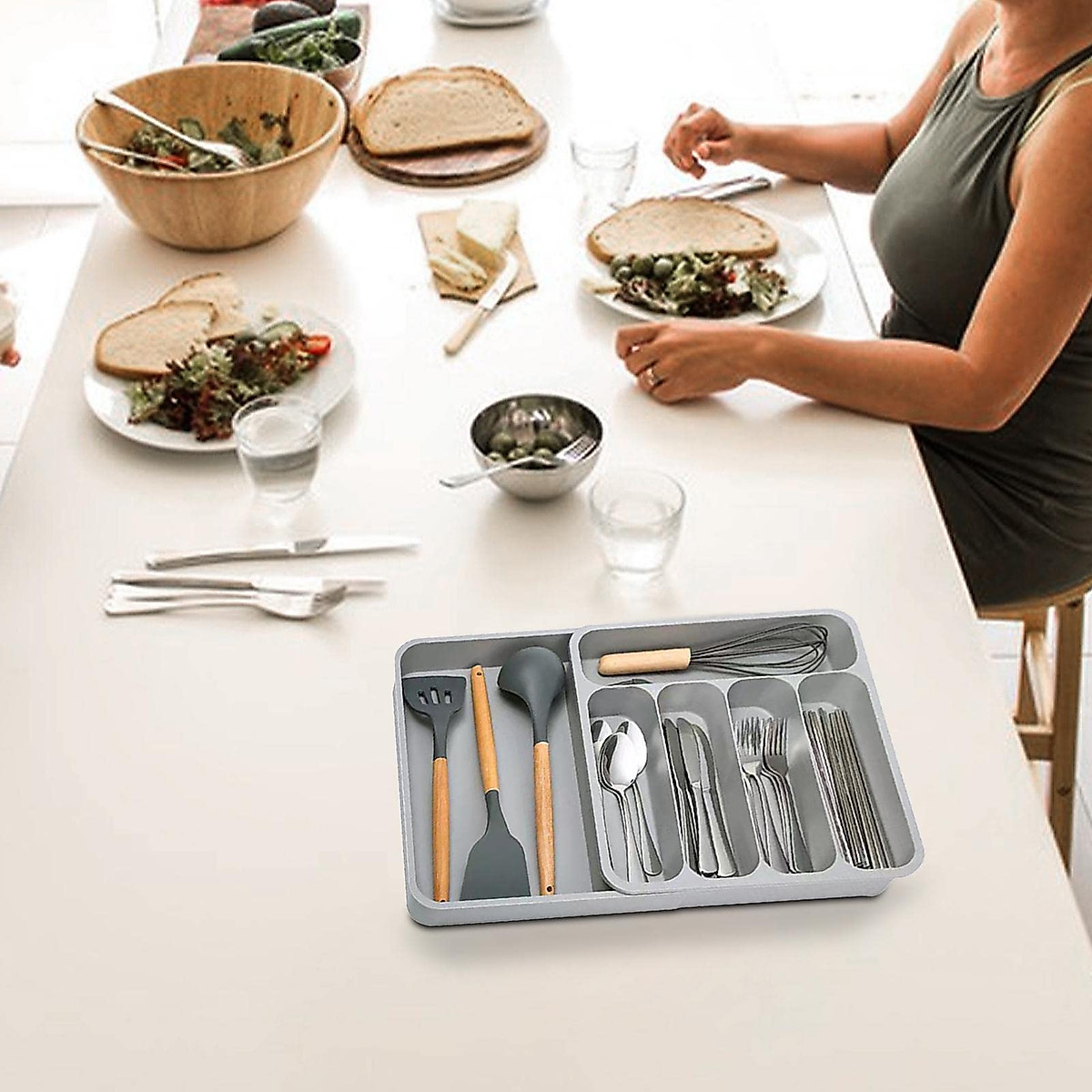 MODGAL Silverware Organizer,Silverware Drawer Organizer Flatware Organization Holder - 6 Slots Flatware Organizer Expandable, Silverware Tray for Efficient Spoon, Fork, Chopsticks Storage