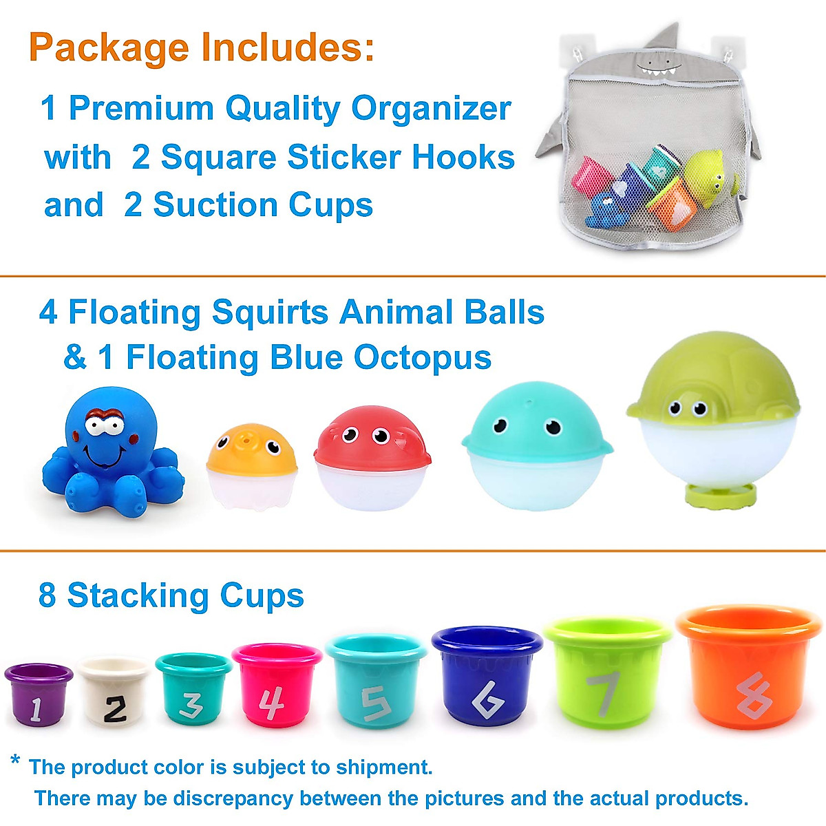 MoraBaby Baby Bath Stacking Toys with Organizer Bag, 8 Stacking Cup Toys, 4 Stack Up Squirts Animal Balls and 1 Floating Blue Octopus, Bath Time Fun Splash Toys, Gifts for Toddler 1-3 Years