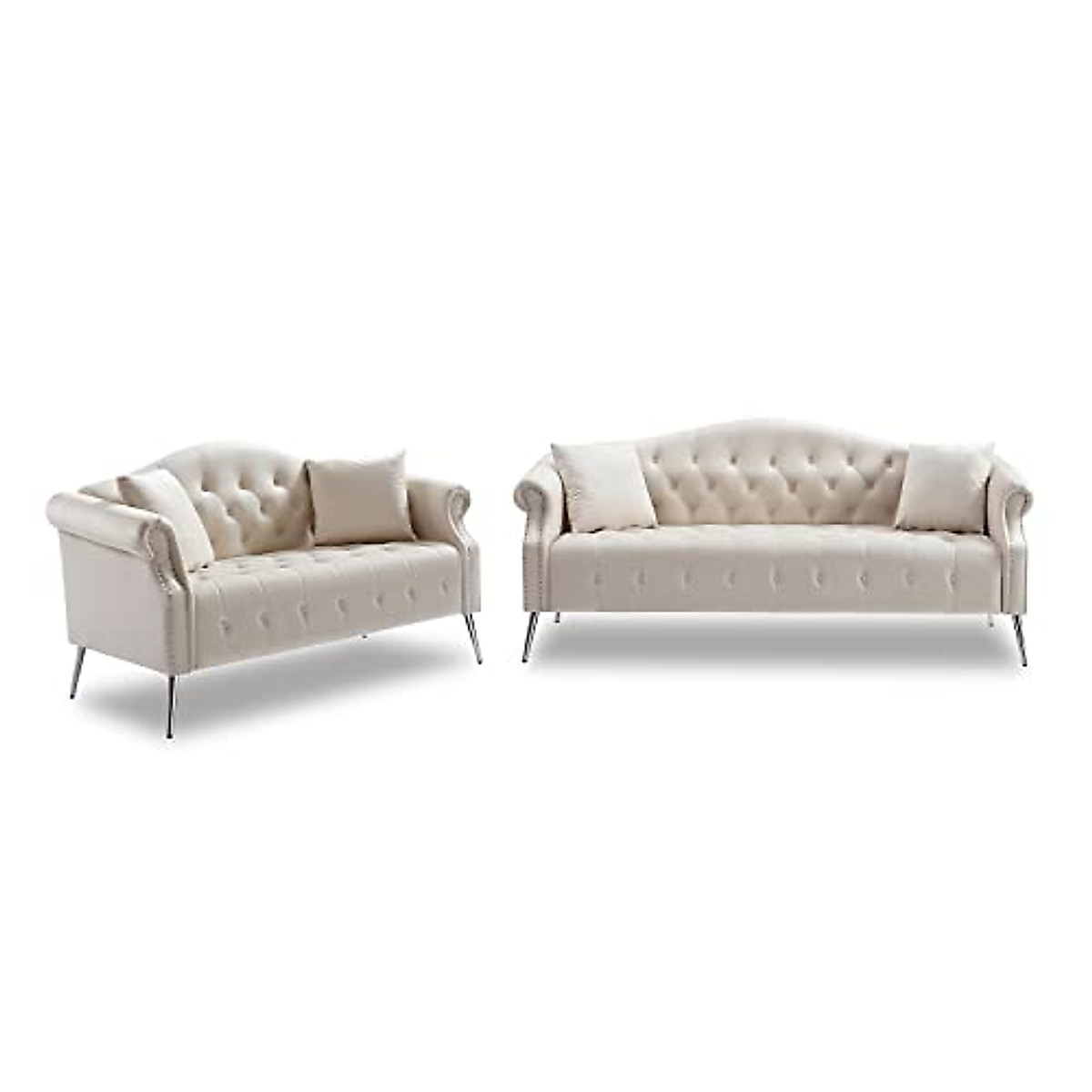 Homtique Sofa Set for Living Room 2 Piece, Modern Velvet Loveseat Sofa Set Upholstered Button Tufted Nailhead Trimming Rolled Arm and Metal Legs, Velvet Sofa Couch with 4 Pillows(Beige)