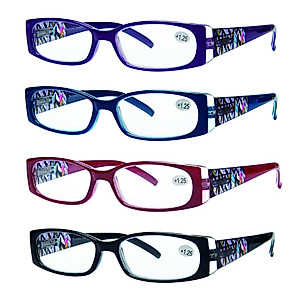 Success Eyewear READING GLASSES 4 Pack Quality Readers Spring Hinge Stylish Designed Womens Glasses for Reading Set of Black, Blue, Red, Purple 2.5