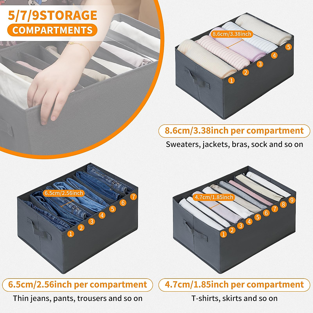 6 Pcs Large Size Wardrobe Clothes Organizers 5/7/9 Grids Foldable Clothes Organizers with Handles for Pants, Jeans, Sweater, T-shirt, Thin Coat, Dress 16.9 x 11.8 x 8.6 Inches Stackable Storage Bin