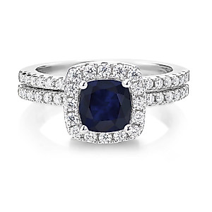 Gem Stone King 925 Sterling Silver Blue Sapphire and Moissanite Wedding Engagement Ring Band Bridal For Women (1.82 Cttw, Available in size 5, 6, 7, 8, 9)