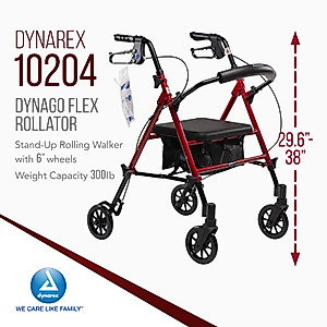 Dynarex DynaGo Flex Rollator - Foldable, Portable, Stand-Up Rolling Walker - 6” Wheels, Adjustable Seat Height & 300 lb. Weight Capacity, Red Frame, 1 Rollator