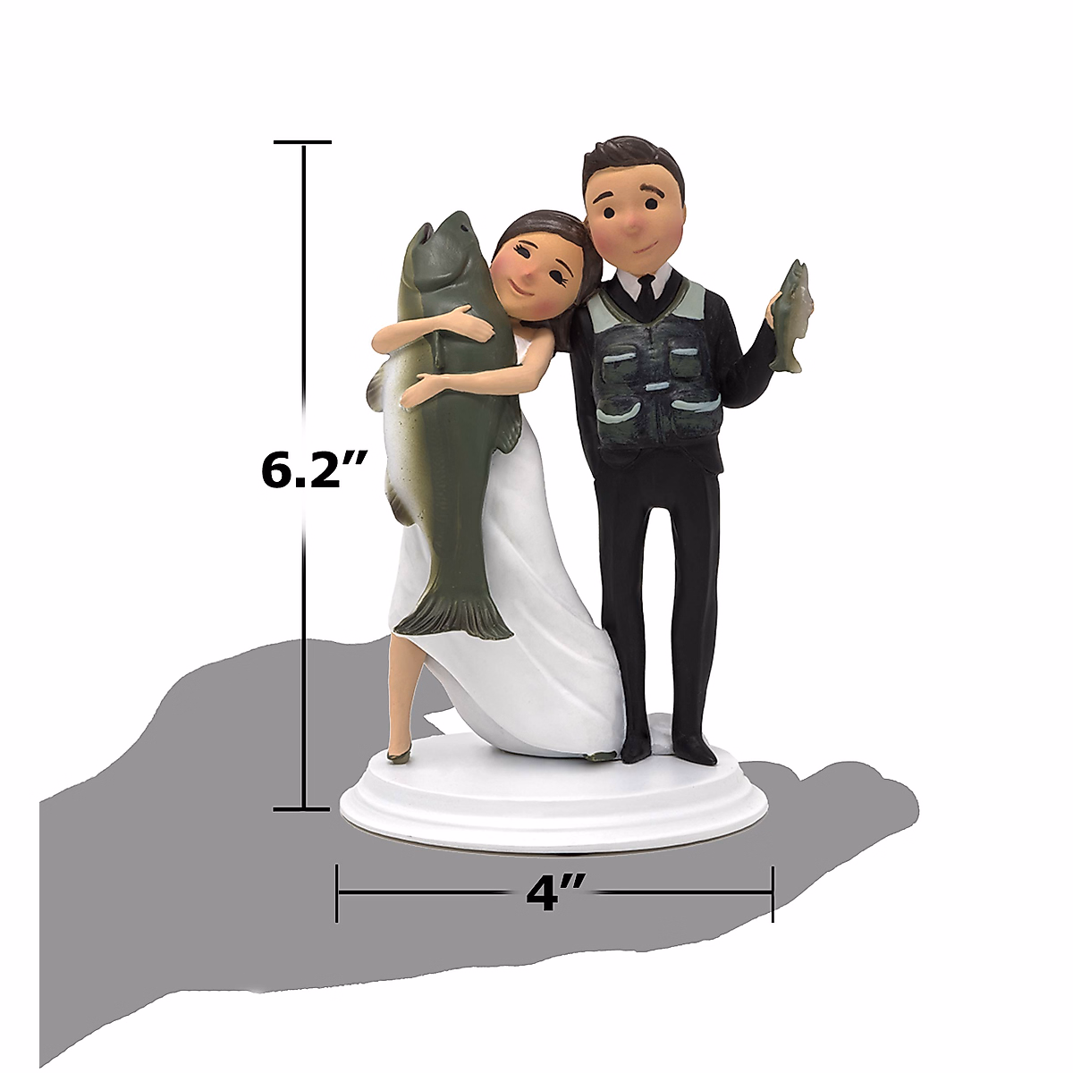 Dihtan Unique and Funny Fishing Wedding Cake Toppers Bride and Groom (Light Skin Dark Hair)