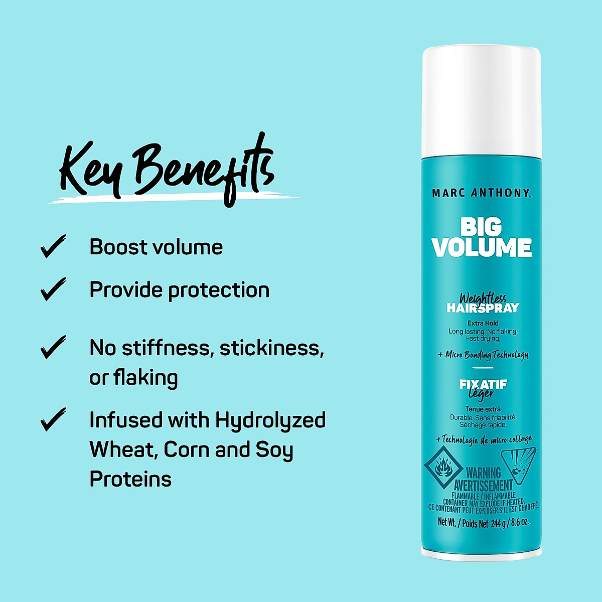 Marc Anthony Volumizing Flexible Hold Hairspray - Dream Big Volume, 8.6 oz - Thickening & Long-Lasting Hairspray to Make Hair Thick & Full - Lightweight & No Flake Styling for Curly & Frizzy Hair