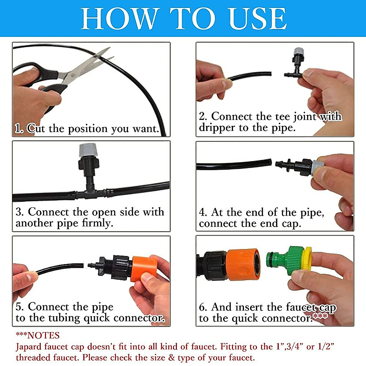 Drip Irrigation System Kit with 16ft Dripping Hose, 1/2, 3/4,1 inch Faucet Connections, 9 Sprinkler Heads, Japard Automatic Watering System for Small Garden, Plant