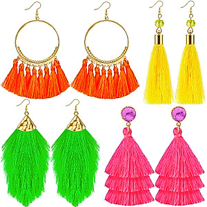 4 Pairs Neon Earrings for Women Tassel Earrings Neon Pink Earrings 80s 90s Dangle Colorful Layered Tassel Earrings for Women 80's Party Fringe Drop Earrings Girls Jewelry Birthday
