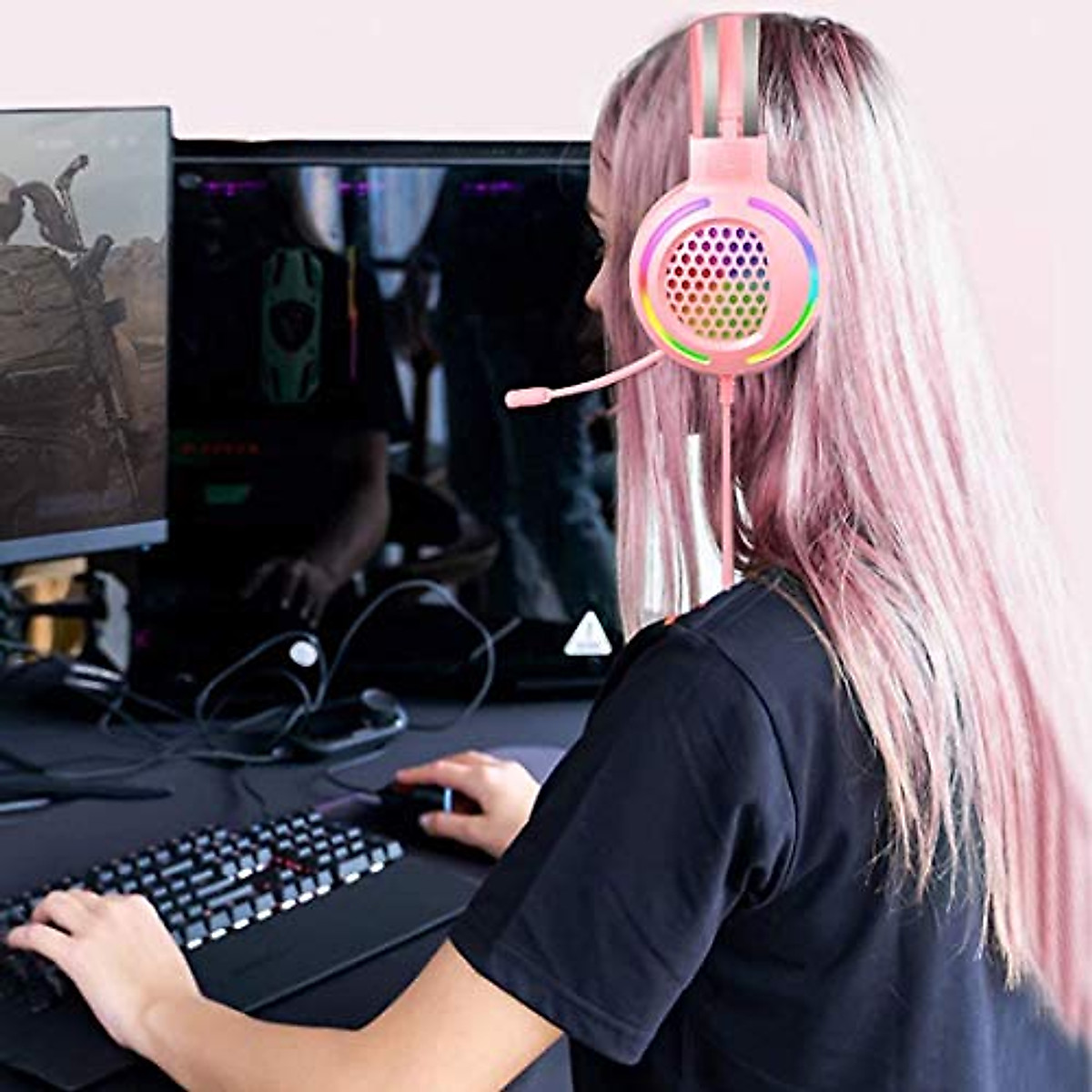 4-in-1 Gaming Keyboard Mouse Combo,87 Keys Rainbow Mechanical Keyboard,RGB 12000 DPI Lightweight Pink Gaming Mouse with Honeycomb Shell,3.5mm Gaming Stereo Headset for PC Laptop Computer
