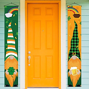 Rainlemon St. Patrick's Day Gnome Porch Banner, Green Buffalo Check Plaid, Shamrocks Front Door Sign Decoration