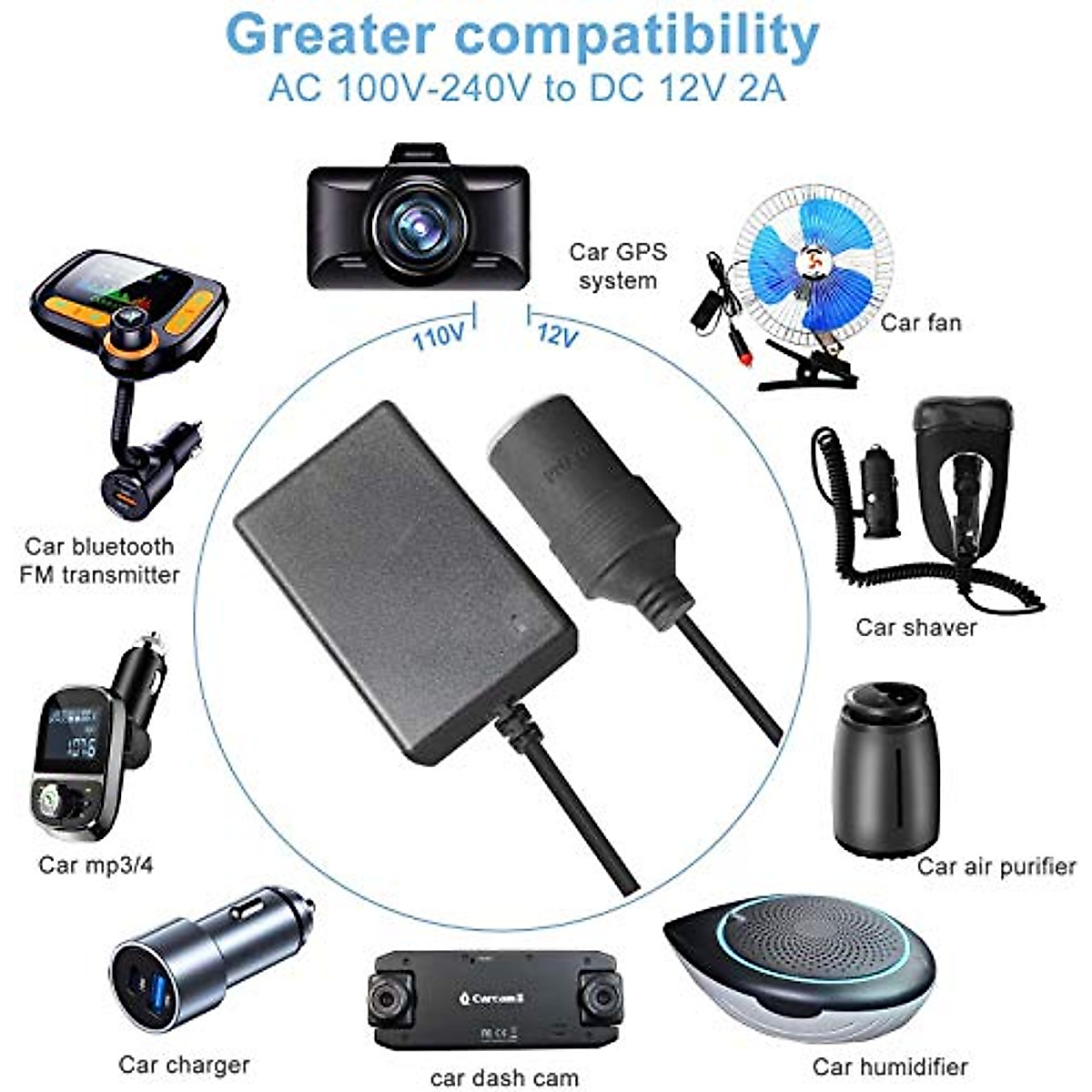 BYGD AC to DC Converter, 100V ~ 240V to 12V 2A 24W, Car Cigarette Lighter Socket AC/DC Power Supply Adapter Transformer for Low-Power Car Devices, Car